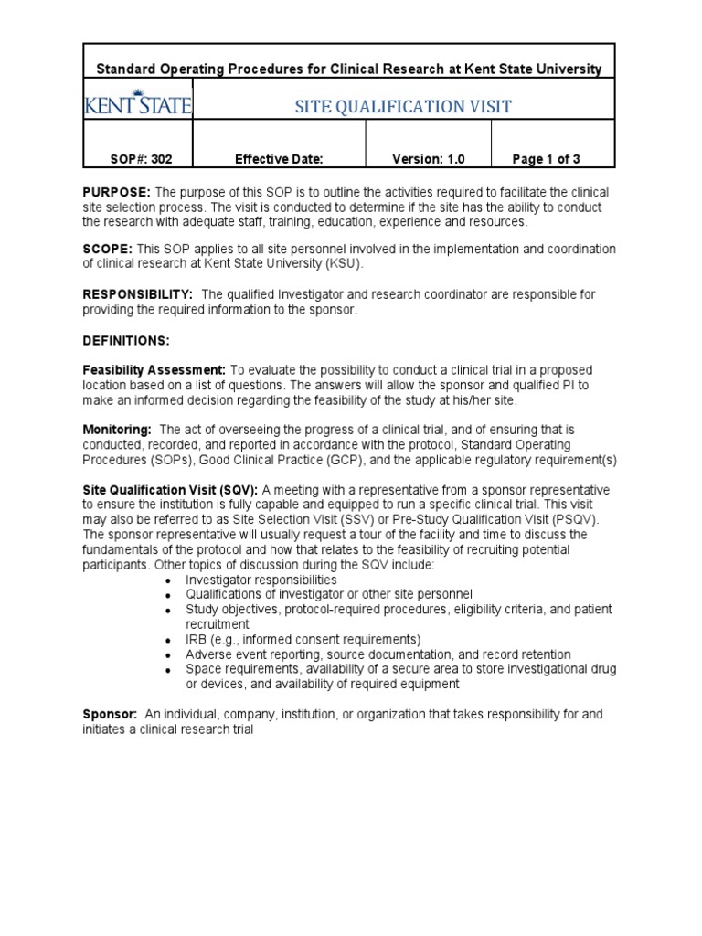 KSU Clinical Research Site Visit SOP | PDF | Clinical Trial | Health Care