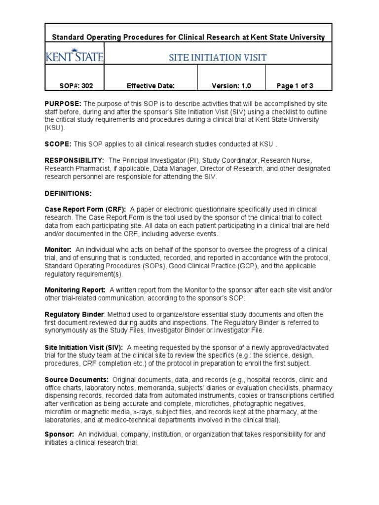 Kent State Clinical Research SIV SOP | PDF | Clinical Trial | Health Care