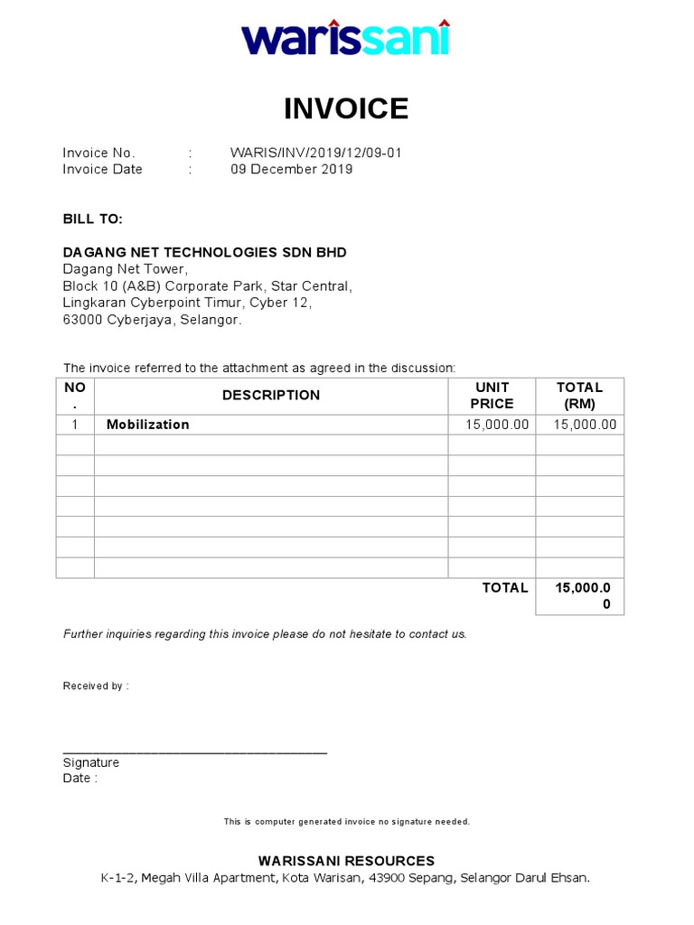 Mobilization Fee Invoice for Dagang Net | PDF | Business | Finance ...