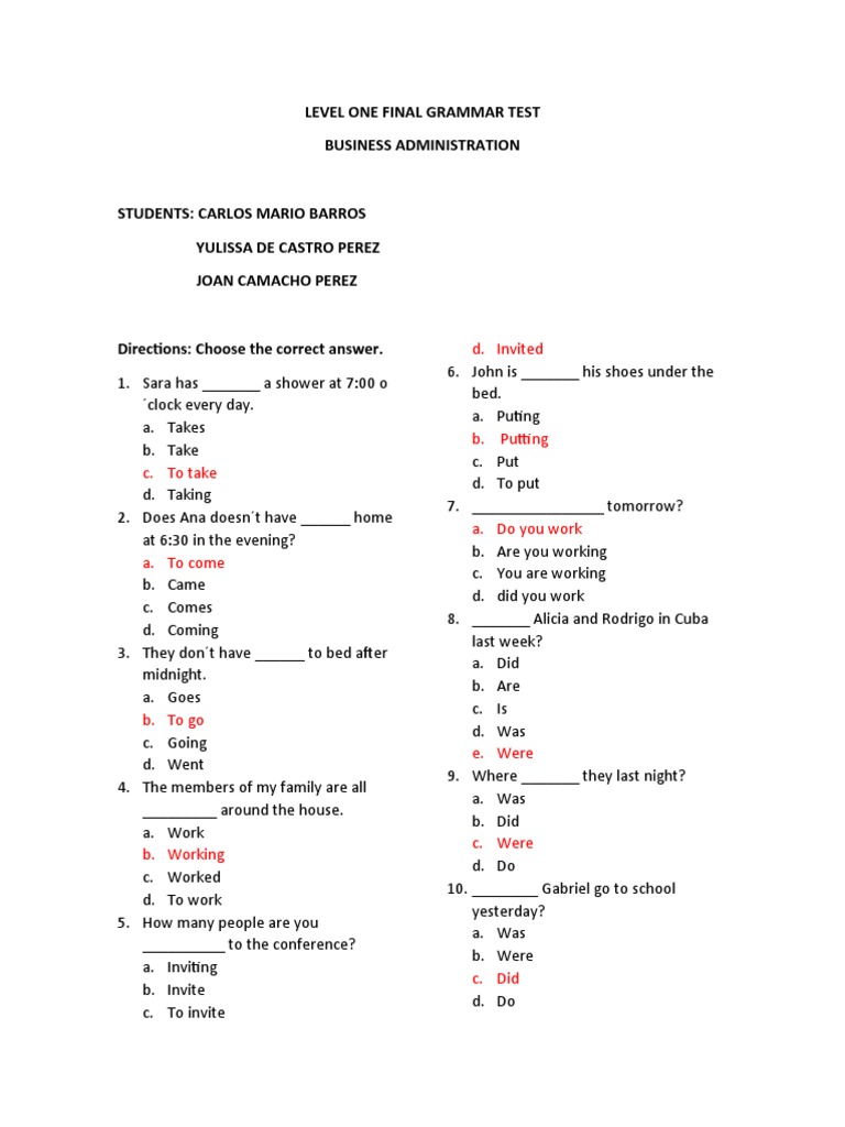 2 Level One Final Grammar Test Resuelto 2 | PDF