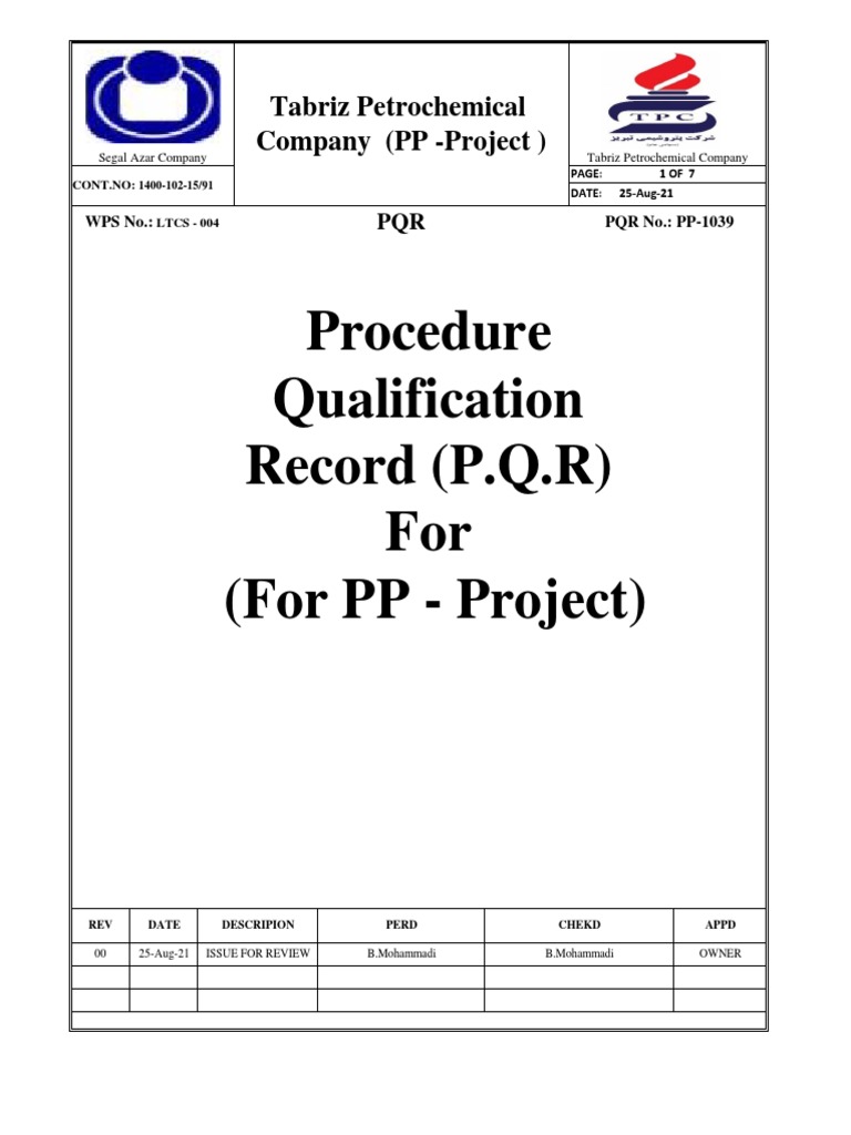Procedure Qualification Record (P.Q.R) For (For PP - Project) | PDF