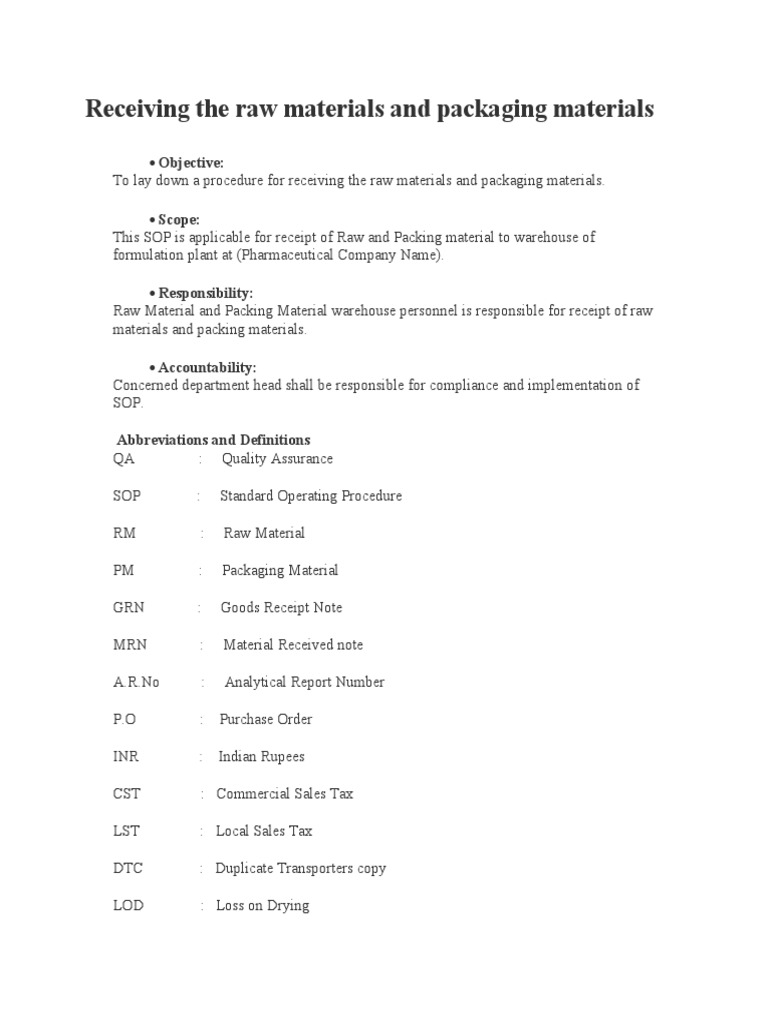 SOP of Receiving Raw Material | PDF | Packaging And Labeling | Receipt