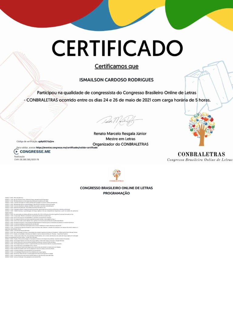 Certificado Congresso Brasileiro Online de Letras Conbraletras 1 Edicao ...