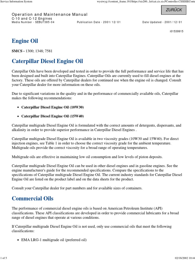 Engine Oil: Operation and Maintenance Manual | PDF | Motor Oil | Diesel ...