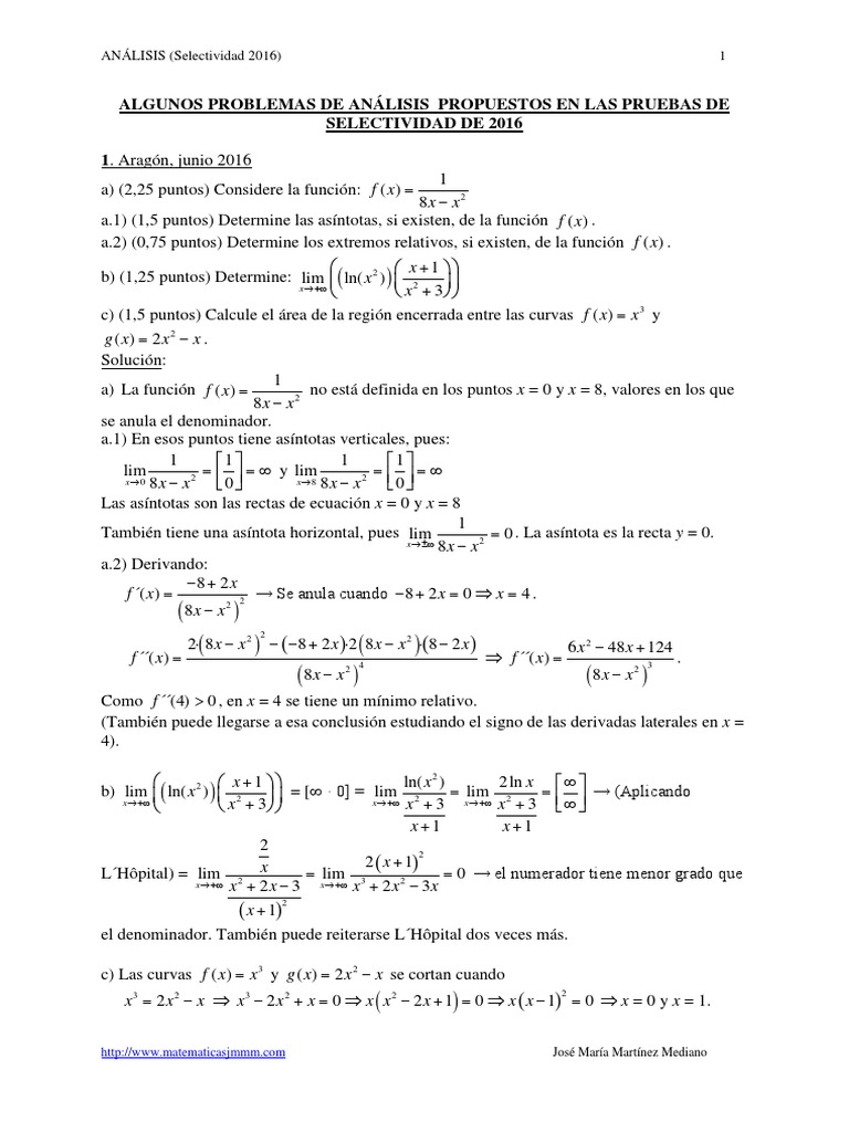 Problemas de Análisis Selectividad 2016 | PDF | Asíntota | Integral