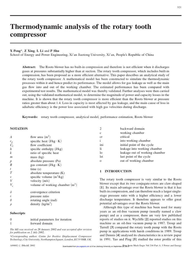 Thermodynamic Analysis of The Rotary Tooth Compressor: X Peng, Z Xing ...