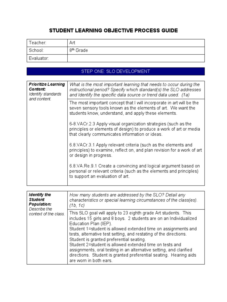 Student Learning Objective Process Guide: Step One: Slo Development ...