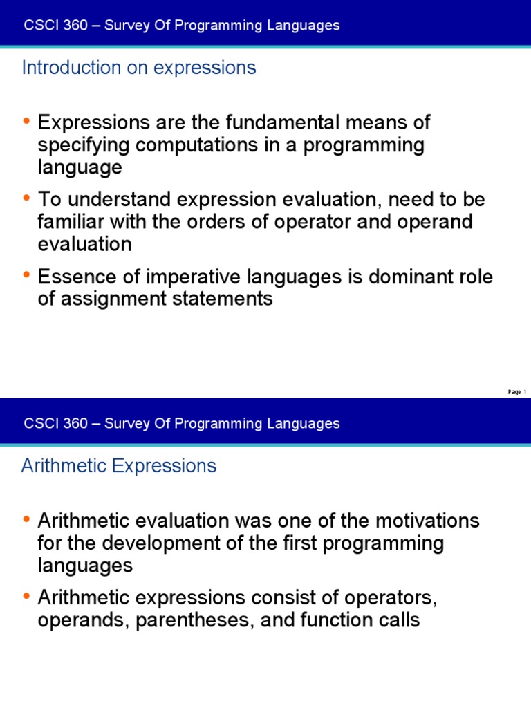Introduction On Expressions: CSCI 360 - Survey of Programming Languages | PDF | Computing ...