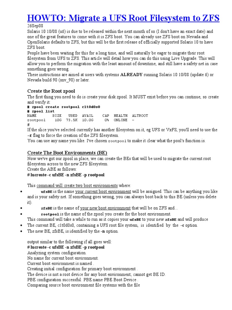 HOW TO Migrate A UFS Root Filesystem To ZFS | PDF | File System | Unix Variants