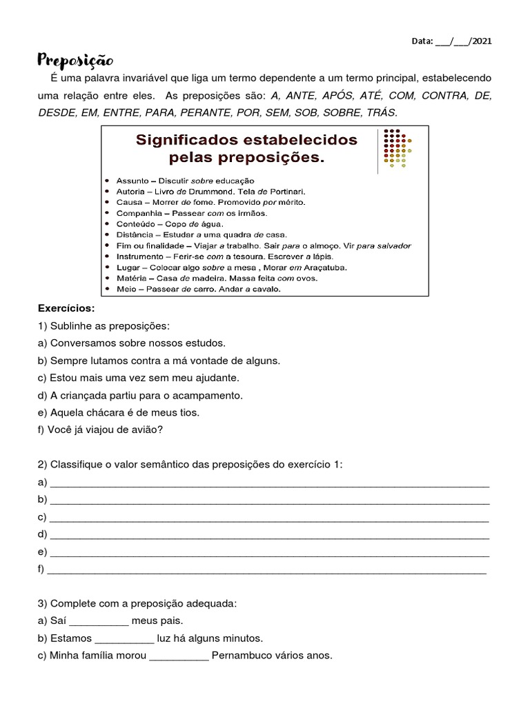 Atividade Preposição | PDF | Preposição e posposição | Palavra