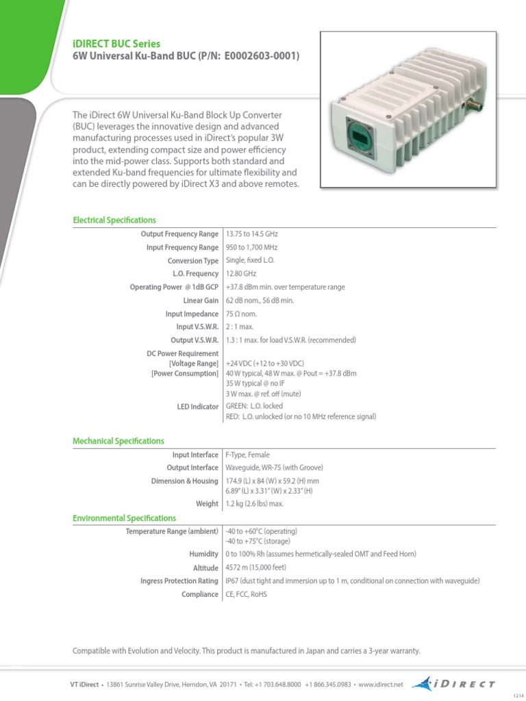 iDirect 6W Ku-Band BUC Specifications | PDF | Decibel | Manufactured Goods