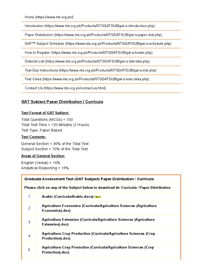 GAT Subject Paper Distribution / Curricula | PDF