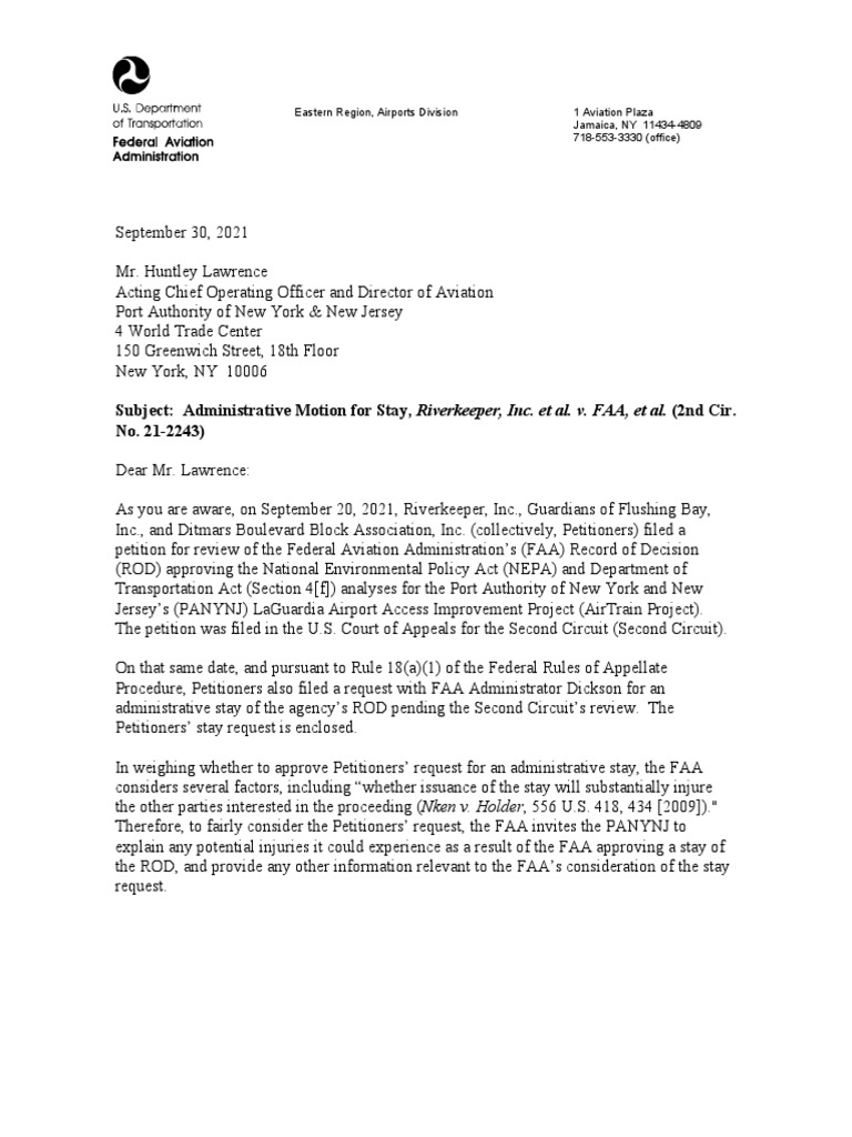 FAA Letter - Administrative Stay Request | PDF | National Environmental ...
