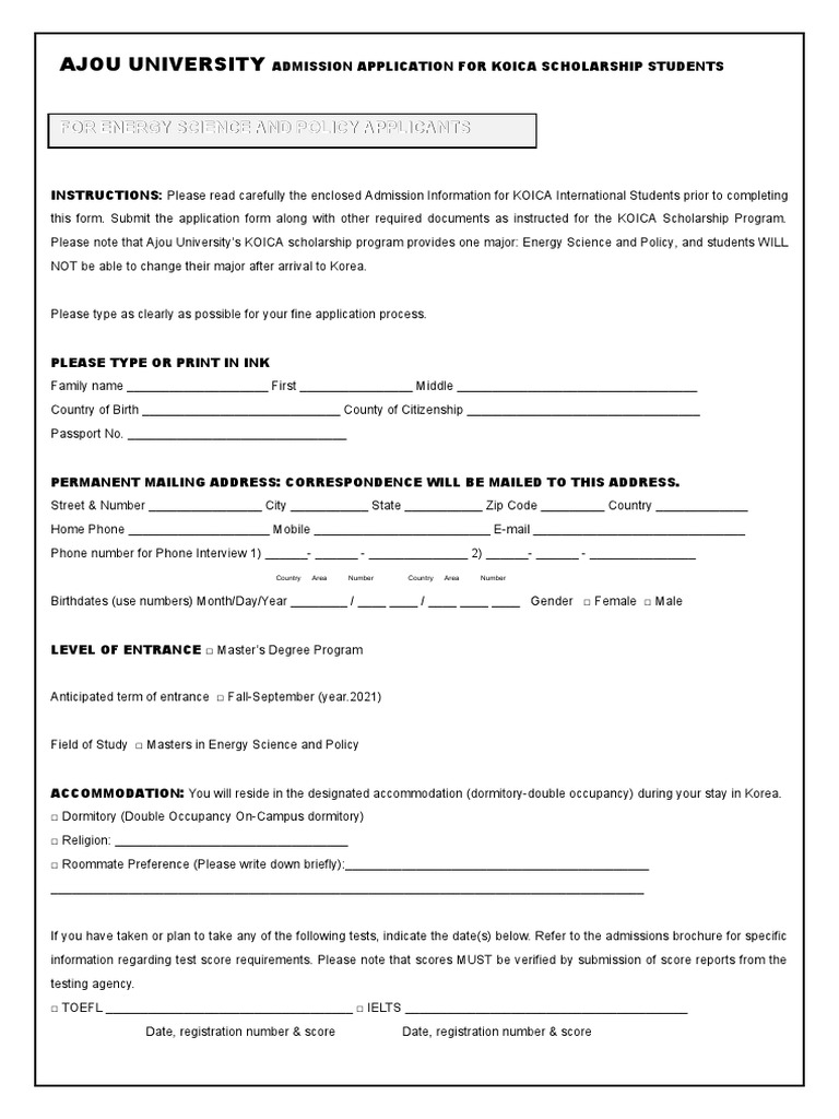 (AJOU) Form 2. Admission Application For GSIS - KOICA (Energy Science and Policy) - 2021 | PDF ...