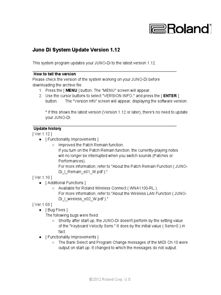 Juno Di System Update Version 1.12: © 2012 Roland Corp. U.S | PDF ...