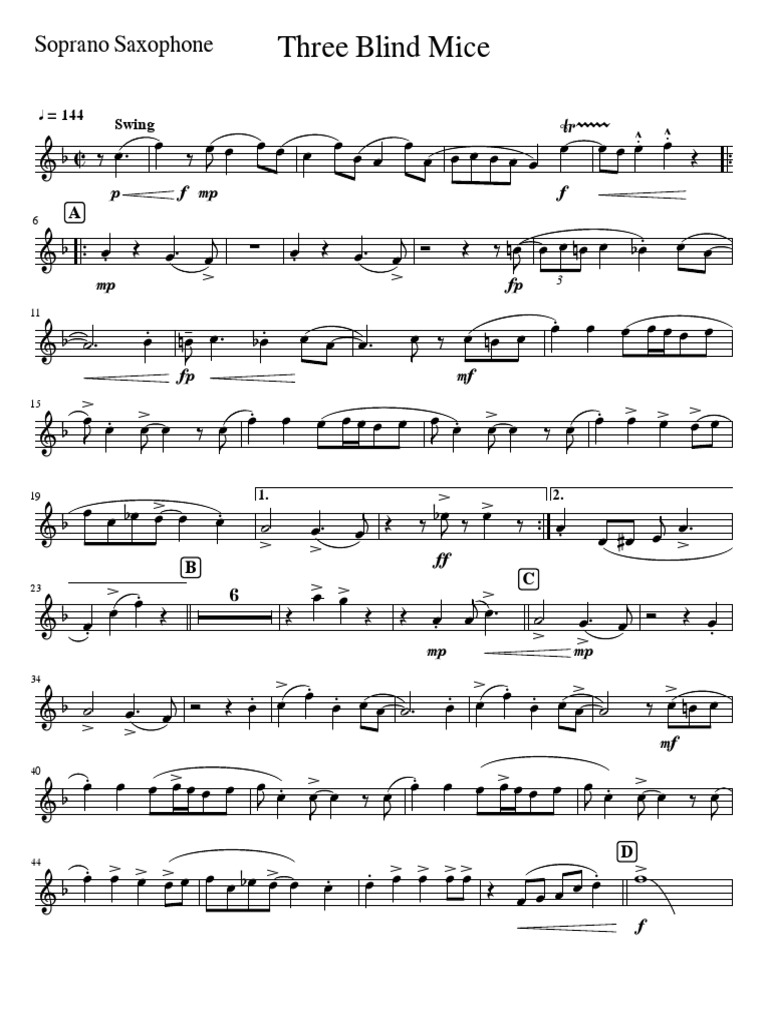 Three Blind Mice-Soprano Saxophone | PDF | Saxophone | Woodwind Instruments