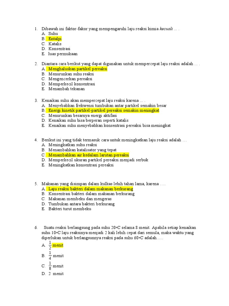 Soal Latihan Faktor Laju Reaksi + Kunci JWB | PDF