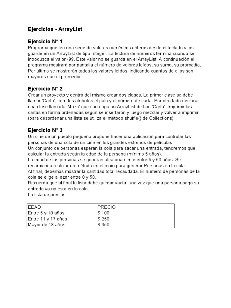 Ejercicios con ArrayList en Java | PDF