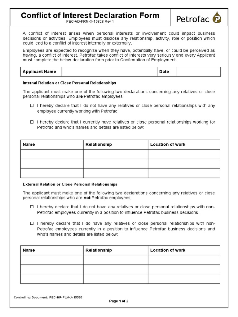 Conflict of Interest Declaration Form: Applicant Name Date | PDF ...