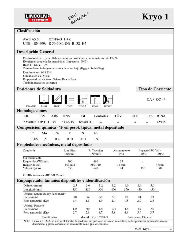 Lincoln E-7018-G Kryo1es | PDF | Química | Materiales