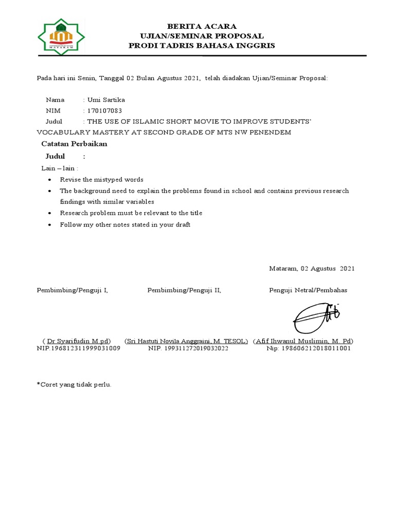 BERITA ACARA SEMINAR PROPOSAL PRODI TBI Tika | PDF