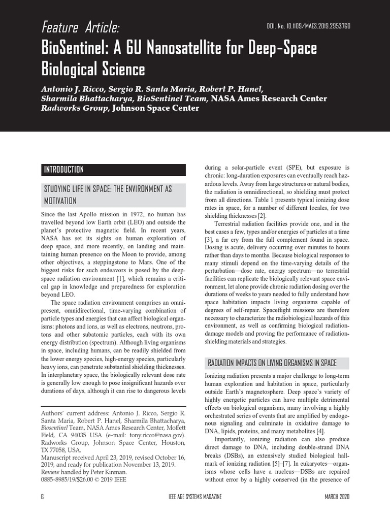 Biosentinel: A 6U Nanosatellite For Deep-Space Biological Science ...