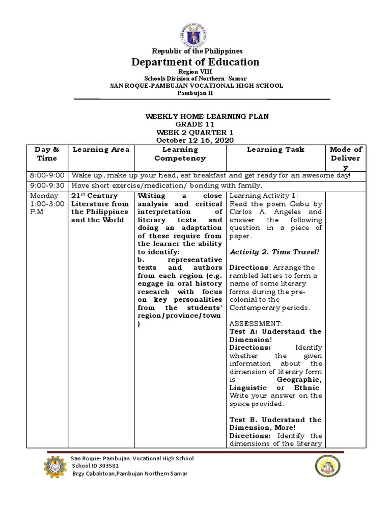 Weekly Home Learning Plan | PDF | Communication | Cognitive Science