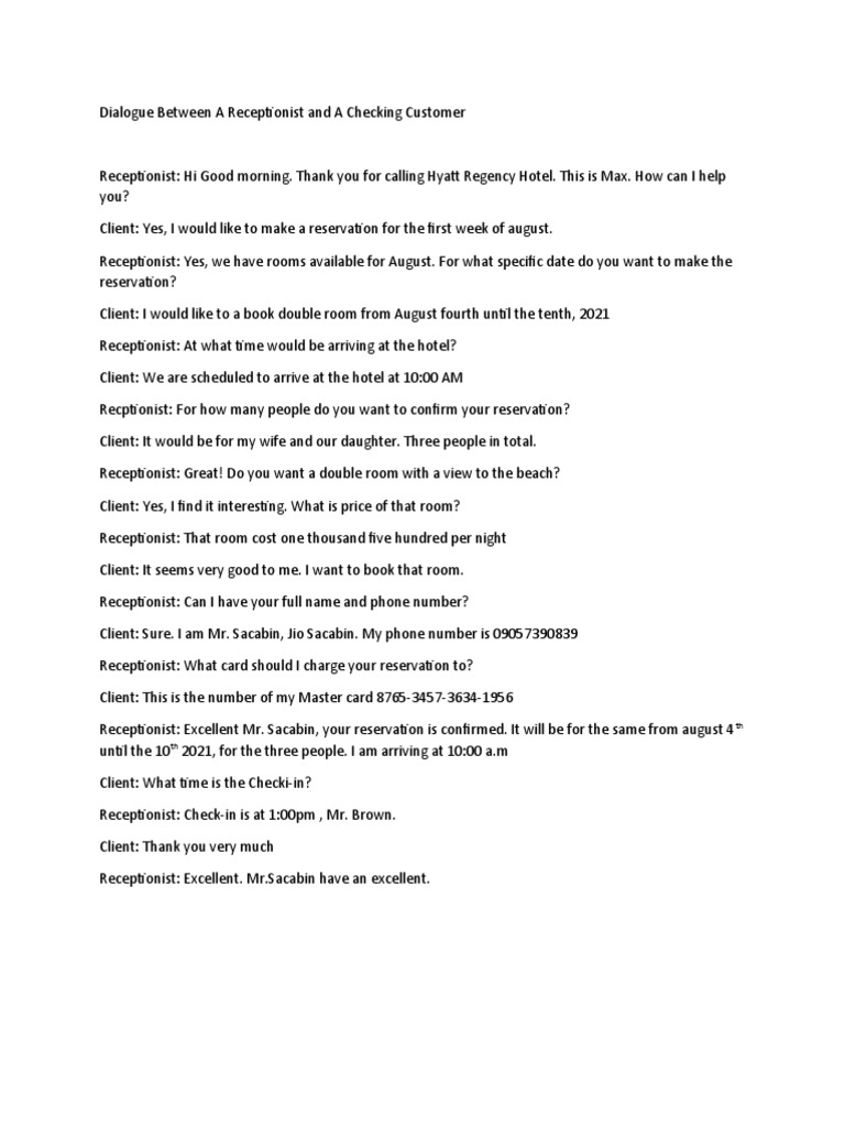 Hotel Receptionist Booking Dialogue | PDF