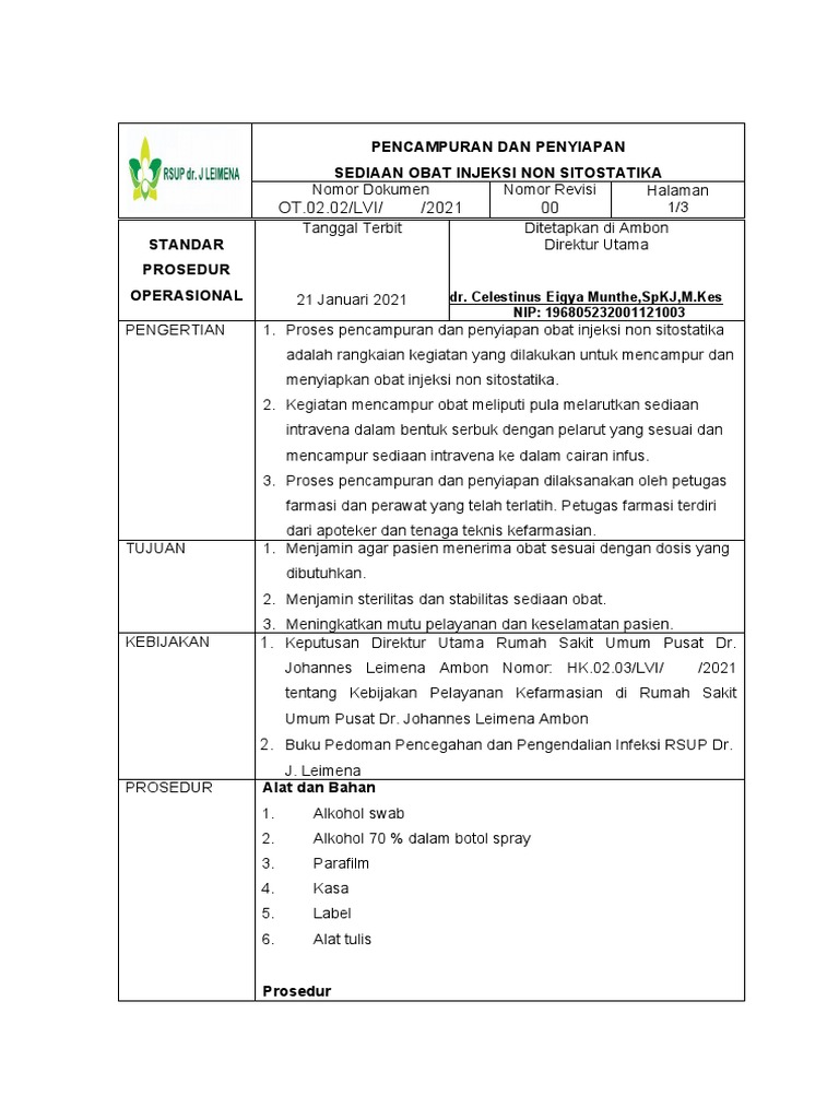 SPO Pencampuran Dan Penyiapan Obat Injeksi Non Sitostatika RSJL AMBON | PDF