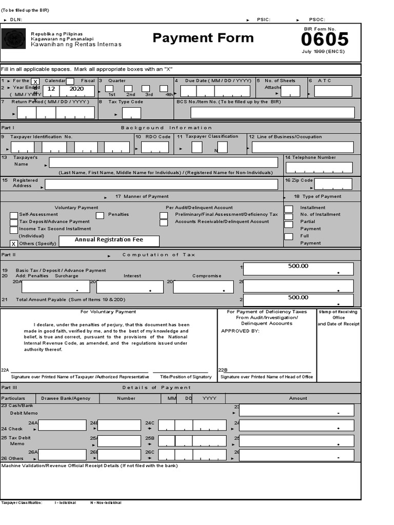 BIR Form 0605: Annual Registration Fee | PDF | Taxes | Gasoline