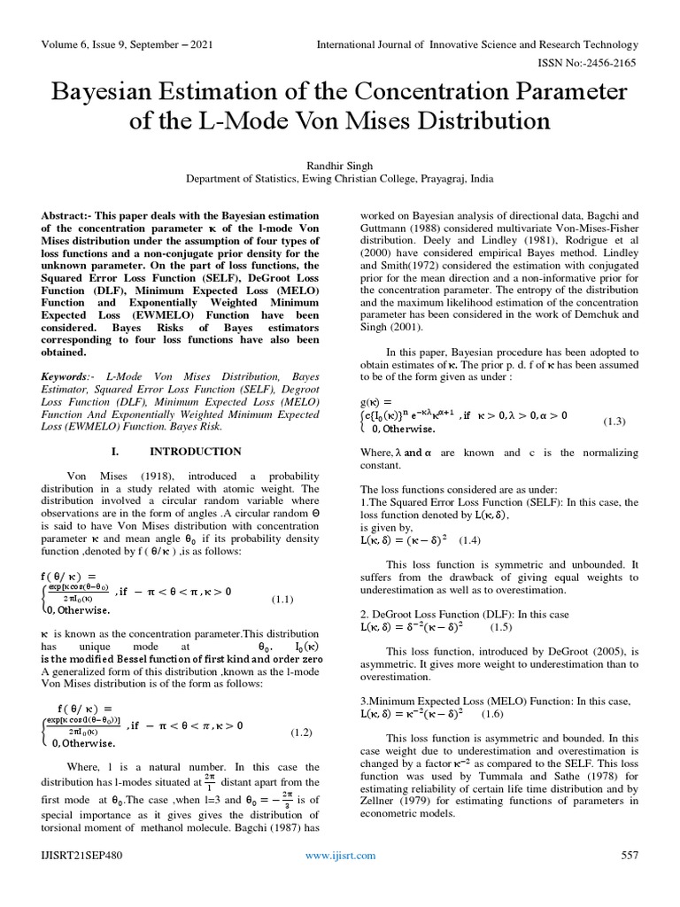 Bayesian Estimation Of The Concentration Parameter Of The L Mode Von Mises Distribution Pdf