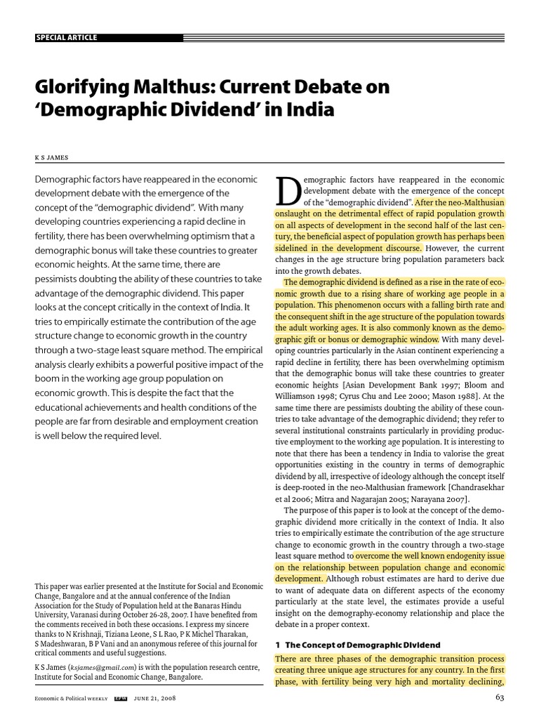James (2008) Glorifying Malthus Current Debate On 'Demographic Dividend ...