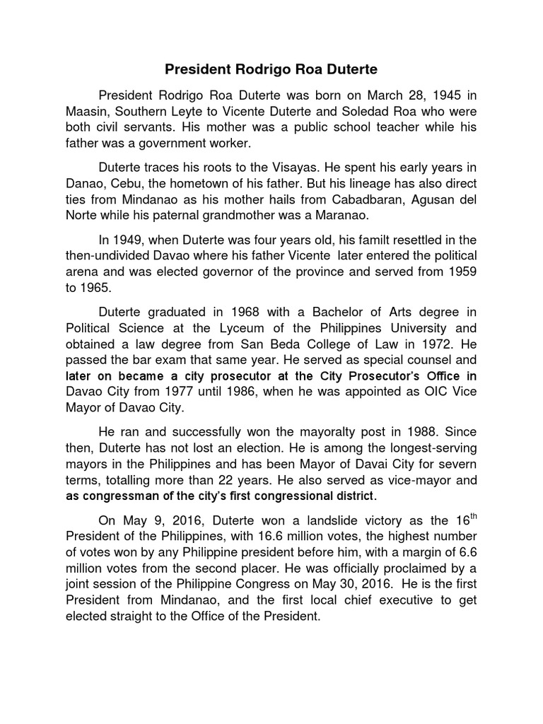 Biography of President Rodrigo Duterte | PDF