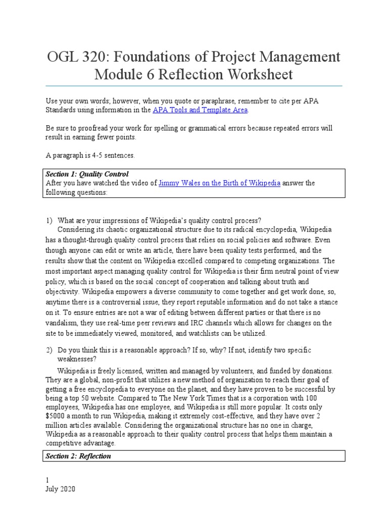 OGL 320: Foundations of Project Management Module 6 Reflection ...