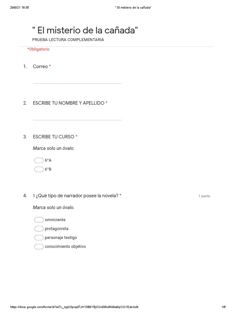 Prueba 6° - El Misterio de La Cañada - PREGUNTAS | PDF