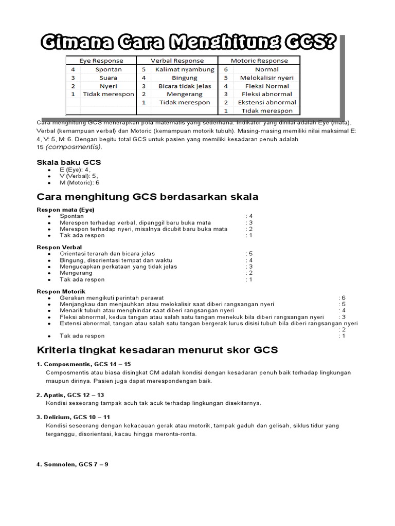 Cara Menghitung GCS Berdasarkan Skala | PDF