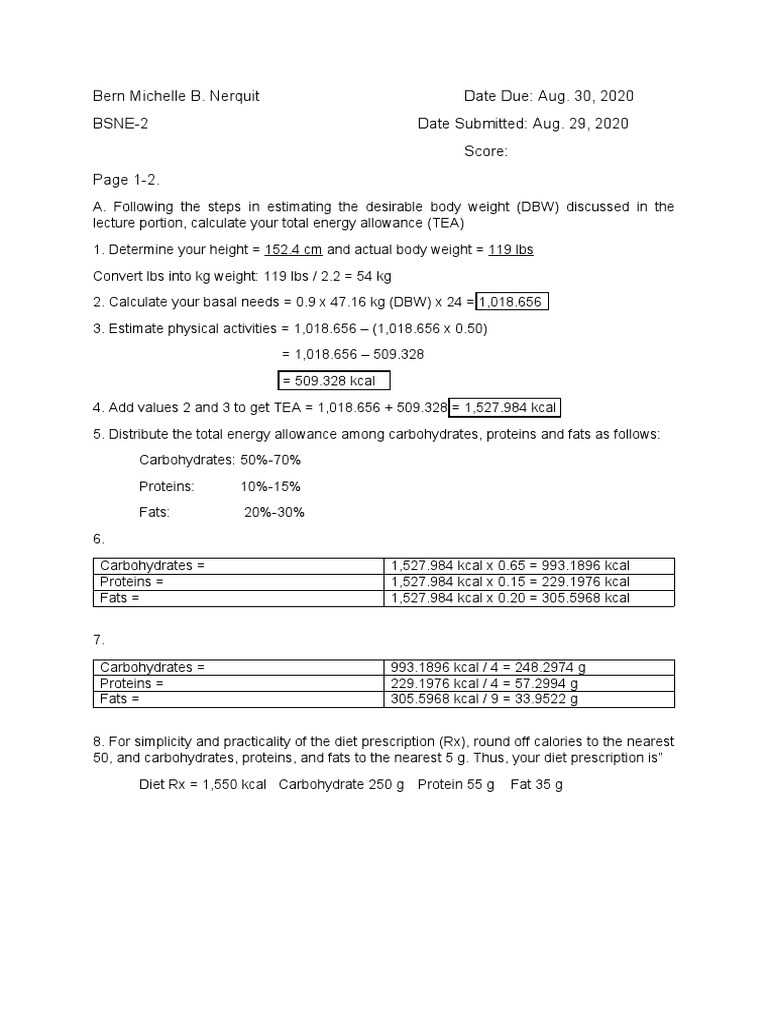 Calculation On Diet and Meal Planning | PDF | Calorie | Dieting