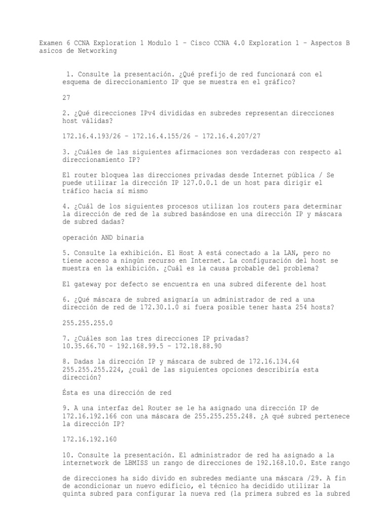 Examen 6 Ccna Exploration 1 Modulo 1 Cisco Ccna 4 0 Exploration 1