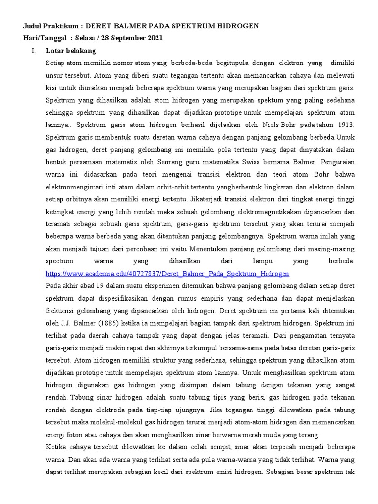 Judul Praktikum: Deret Balmer Pada Spektrum Hidrogen Hari/Tanggal ...