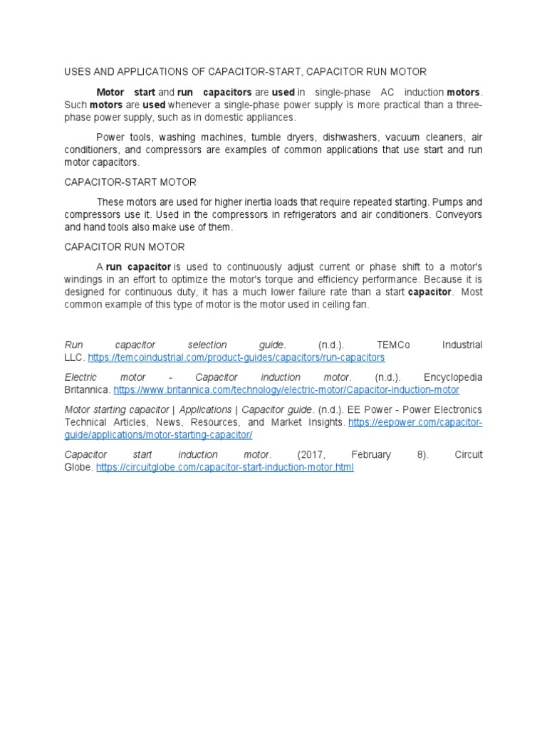 Uses and Applications of Capacitor-Start, Capacitor Run Motor | PDF