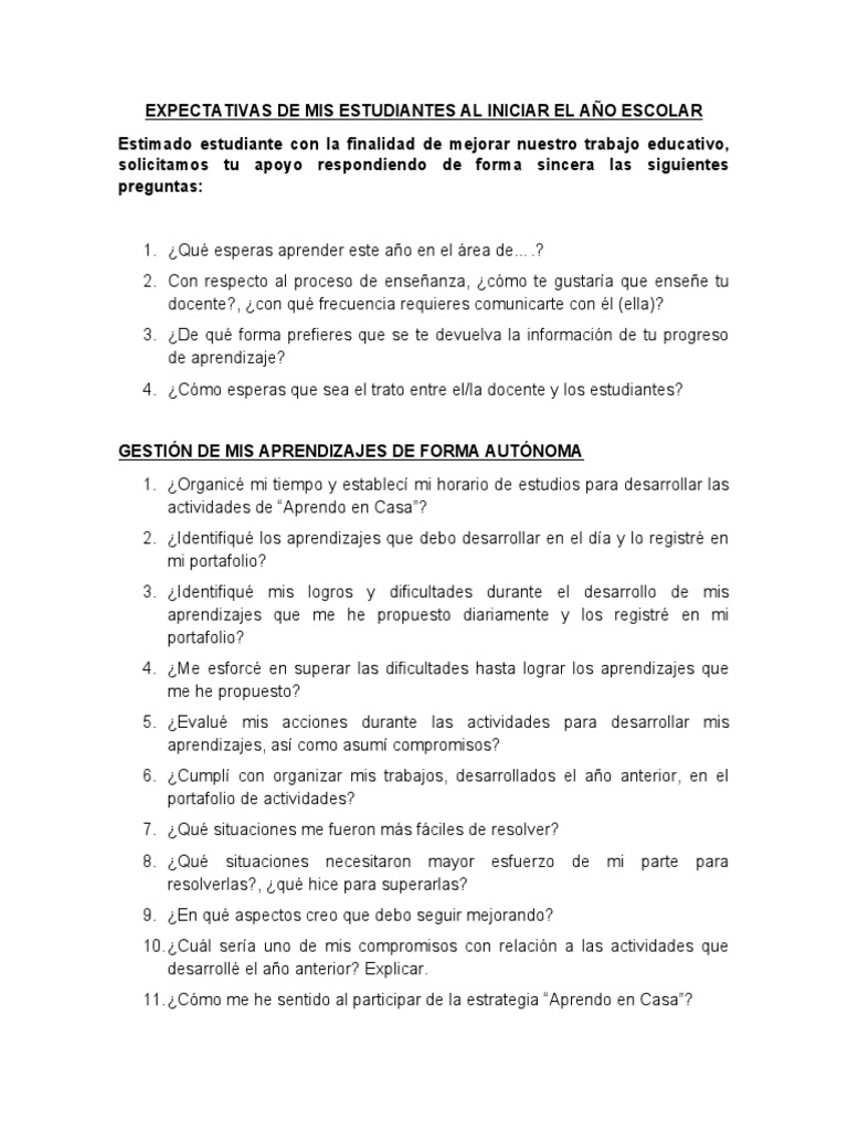 Expectativas de Mis Estudiantes Al Iniciar El Año Escolar | PDF