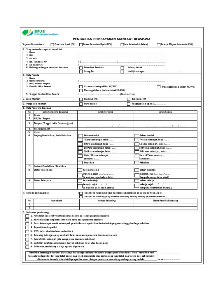Form Beasiswa BPJS Ketenagakerjaan | PDF