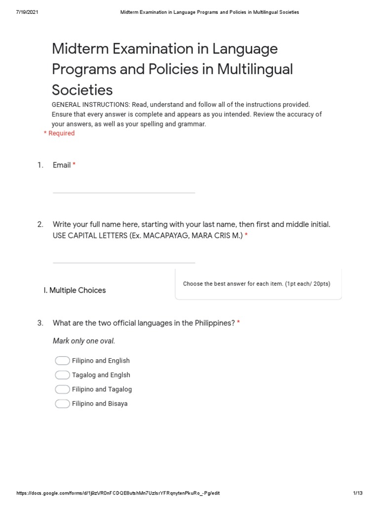 ENG123B Midterm Examination | PDF | Multilingualism | First Language