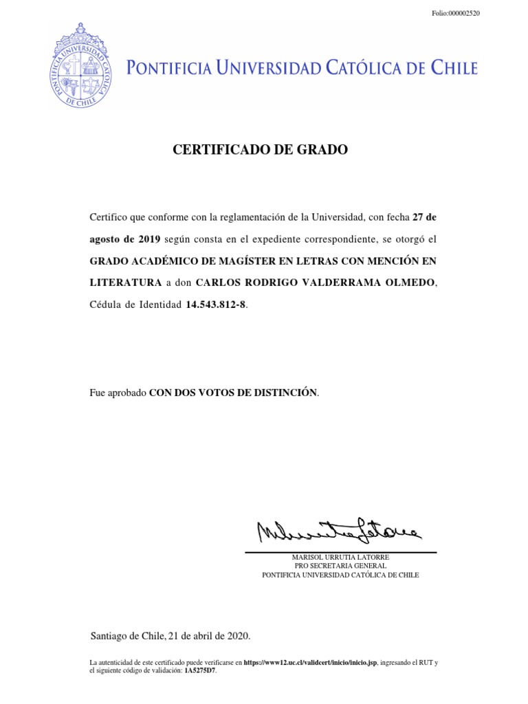 Certificado de Postgrado Letras | PDF