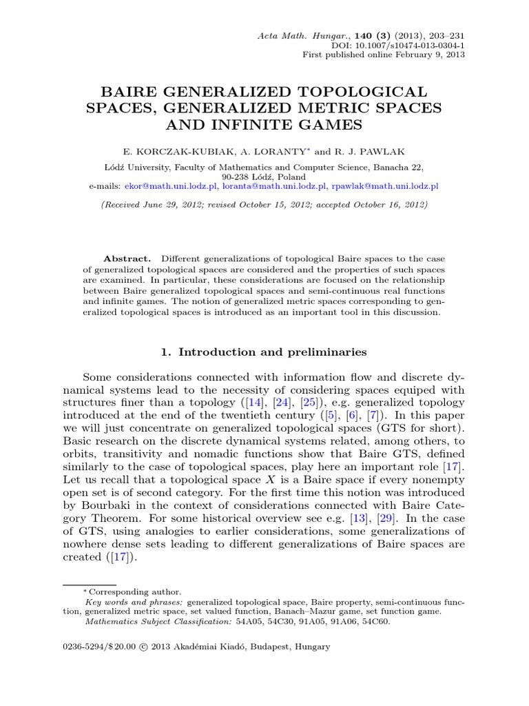 BAIRE GENERALIZED TOPOLOGICAL SPACES, GENERALIZED METRIC SPACES AND ...