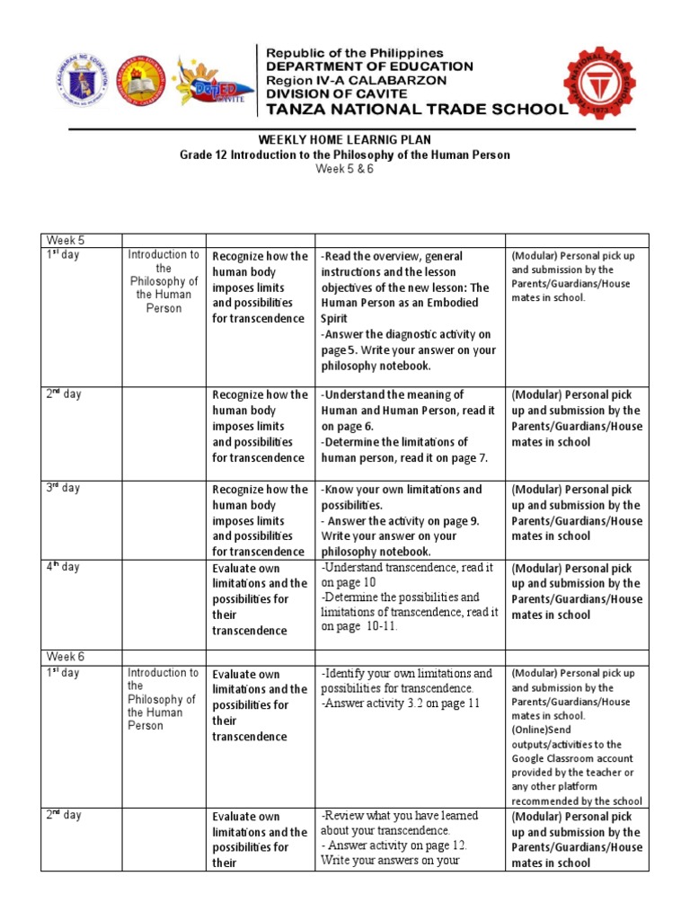 Weekly Home Learnig Plan Grade 12 Introduction To The Philosophy of The ...