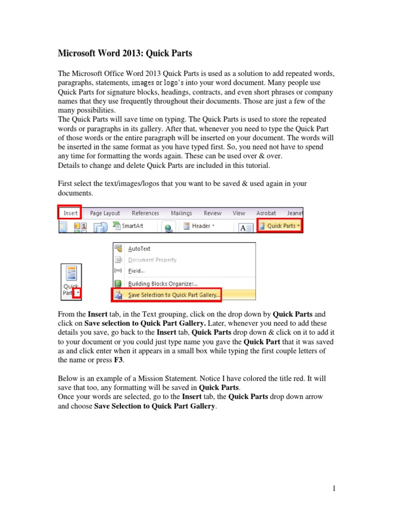 Word Quick Parts PDF | PDF | Microsoft Word | Paragraph