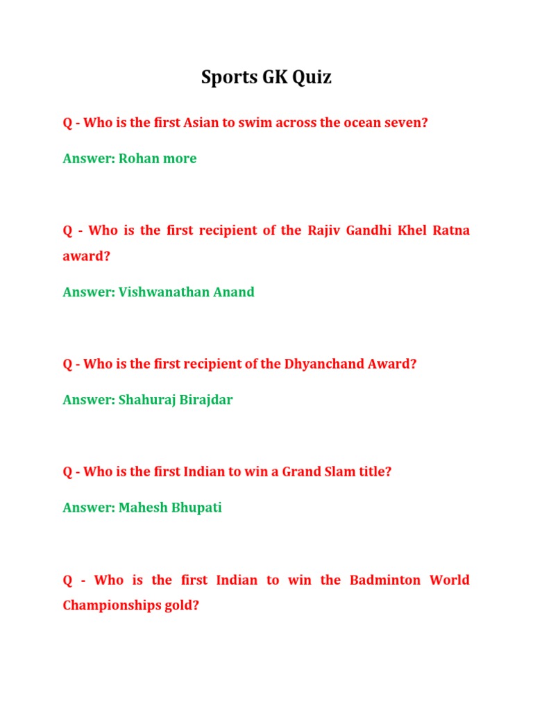 Sports GK Quiz | PDF | Athletic Sports | Sports Competitions