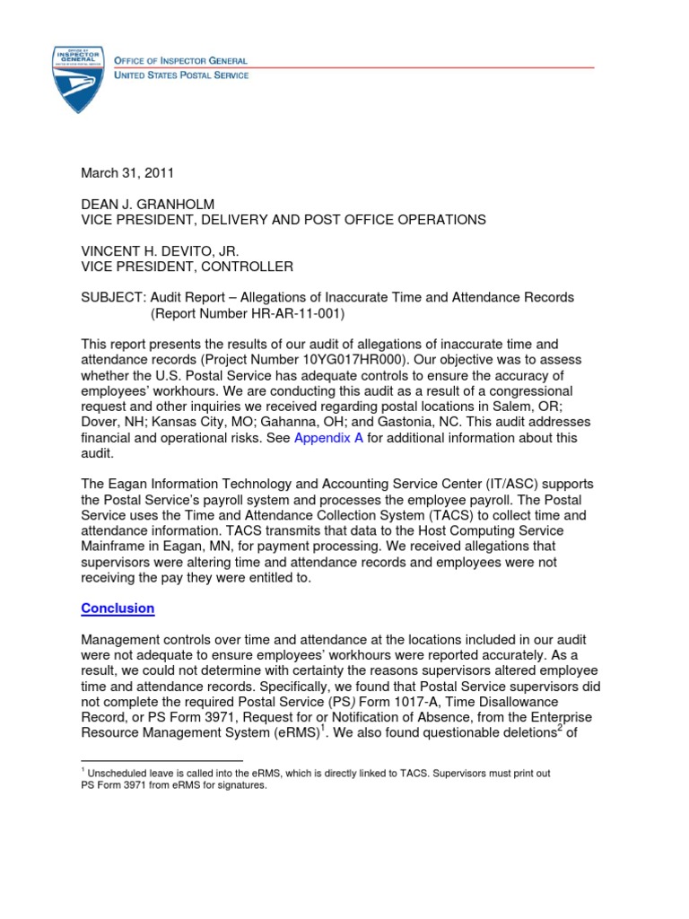 USPS Audit on Time and Attendance Accuracy | PDF | United States Postal ...