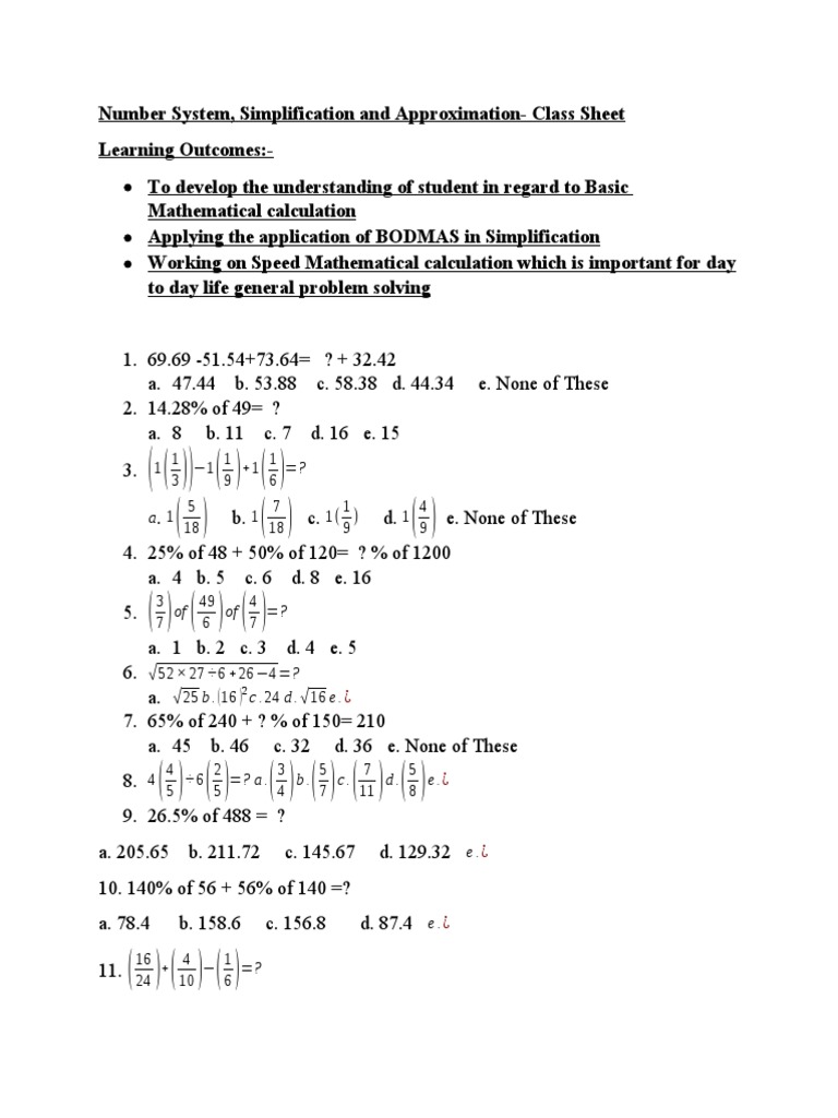 Number System, Simplification and Approximation - Class Sheet-01-Updated | PDF | Mathematics ...